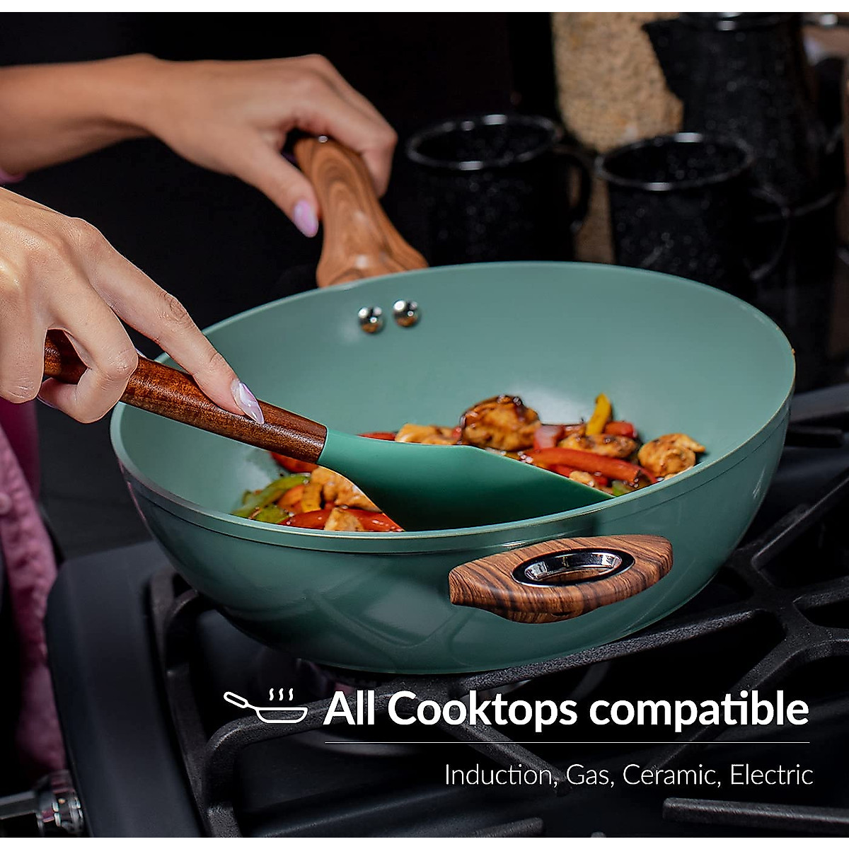 Phantom Chef Bundle: 11" Deep Frypan & 4.4 QT Casserole Stockpot | Aluminum Body Non-Stick Ceramic Coating | With Soft Touch Stay Cool Handle | Dishwasher Safe | Non-Toxic PFOA & PTFE Free Pan | Green