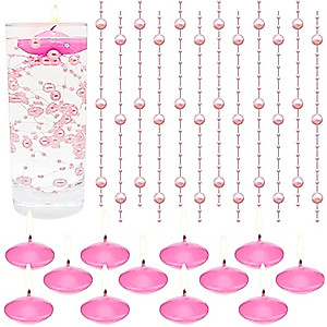 Pink Floating Candles for Centerpieces Vases Set - 12 Dripless Wax Burning Candles Small Unscented Floating Candles + 10 Artificial Pearl String (40 Inch) for Weddings, Party and Home Decorations