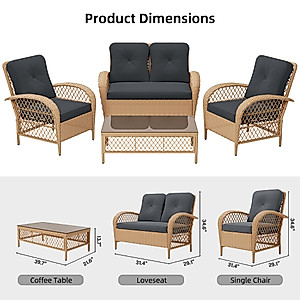 UPHA Patio Outdoor Furniture Set, Beige PE Rattan Patio Conversation Sets, 4 Pieces Wicker Patio Set with Loveseat, 2 Chairs, Coffee Table and Cushions for Backyard, Porch,Darkgrey