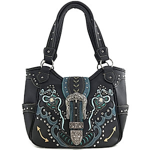 Zelris Floral Poppy Buckle Western Women Conceal Carry Tote Handbag Purse Set (Black)