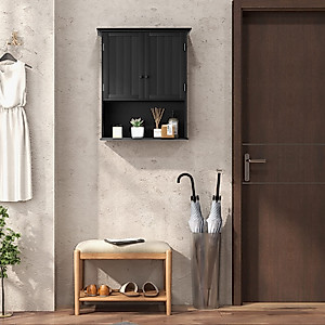Byroce Bathroom Storage Cabinet Wall Mounted, Wooden Over The Toilet Space Saver with 2 Doors & Adjustable Shelf, Hanging Medicine Cabinets for Bathroom, Living Room, Kitchen (Black)