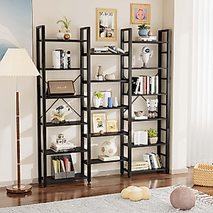 oneinmil Triple Wide 6-Shelf Bookcase Industrial Vintage Wood Style Large Open Bookshelves for Home&Office, Rustic Brown (6 Tier,Black)