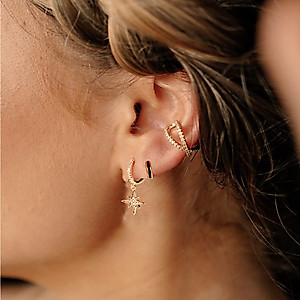 DoreenBox Black Enamel Small Hoop Earrings for Women, 18K Gold Plated Mini Huggie Earrings Hypoallergenic Cartilage Huggie Hoops Boho Jewelry Gift 12mm