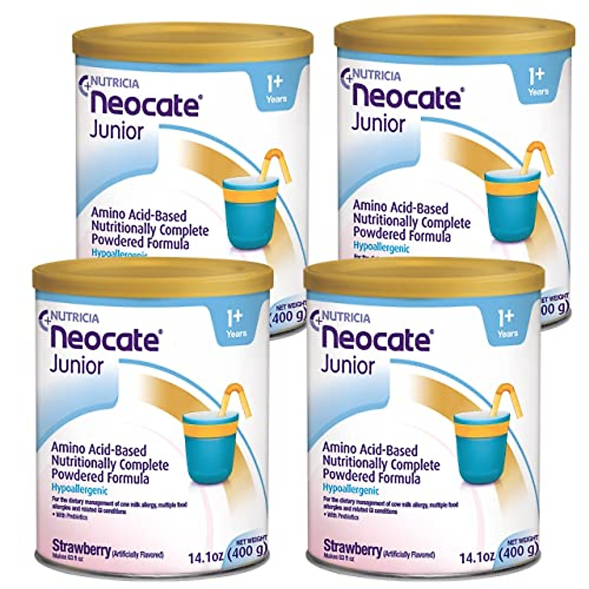 Neocate Junior - Powdered Hypoallergenic, Amino Acid-Based Toddler and Junior Formula - Strawberry - 14.1 Oz Can (Case of 4)