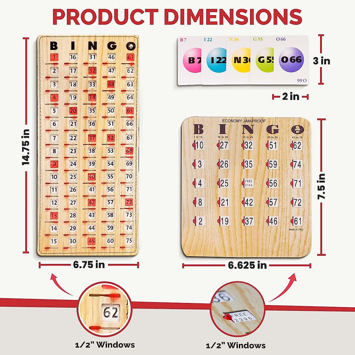 MR CHIPS Jam-Proof Bingo Cards with Sliding Windows, 25 Reusable Bingo Shutter Cards, 75 Bingo Calling Cards, 1 Bingo Master Board in Tan Woodgrain Style