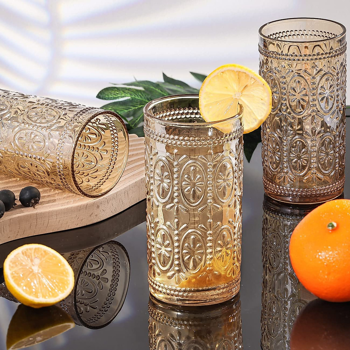 6 Pack Highball Beverage Glass Cup, 12oz Amber Glassware Drinking, Vintage Embossed Drinking Glasses, Old Fashioned Glass for Party Wedding Home Office and Gift