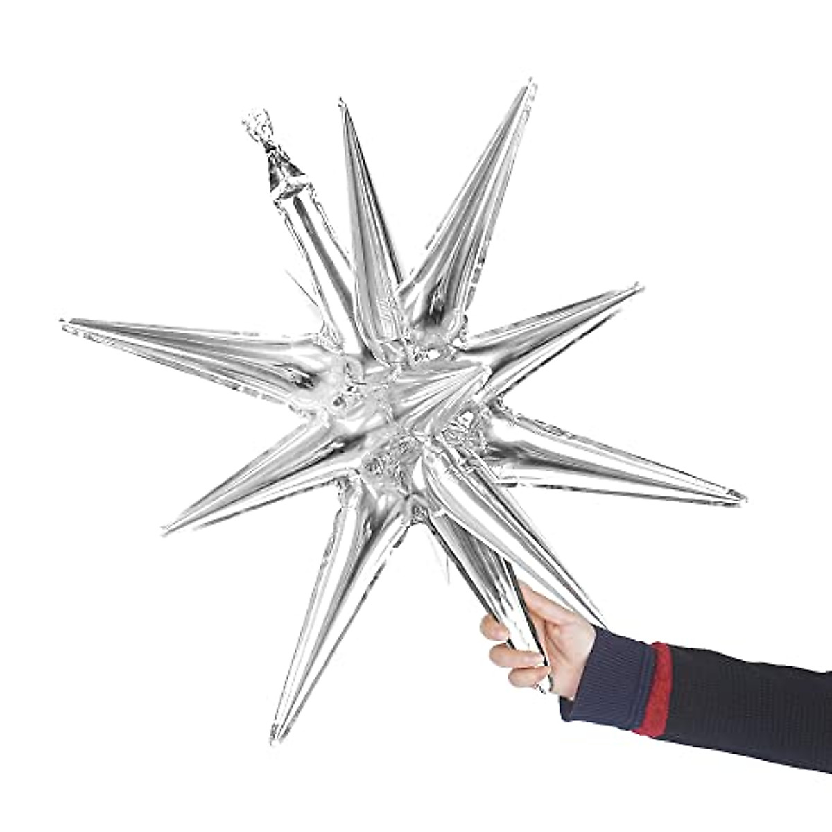 5 Pack 12 Point Foil Cone Balloons Starburst Cone Mylar Balloons Large Explosion Star Balloon for Wedding Birthday Party Photo Booth Decoration Supplies, Silver