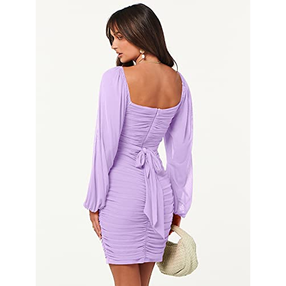 ANRABESS Women's Sexy V Neck Ruched Bodycon Mini Dress Puff Long Sleeve Cocktail Wedding Party Short Dresses 955danzi-S Purple