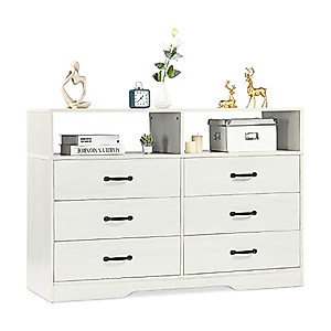 Catrimown White 6 Drawer Dresser for Bedroom Mid Century Modern Dresser Chest of Drawer for Bedroom White Dresser with Shelves Wood Wide Double Dresser for Bedroom Living Room, Wash White