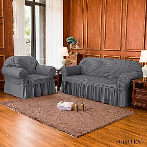 SUBRTEX 1 Piece Seersucker Sofa Slipcover with Skirt Universal Stretch Sofa Couch Slipcover Easy Fitted Chair Furniture Protector(2 Seater,Grey)