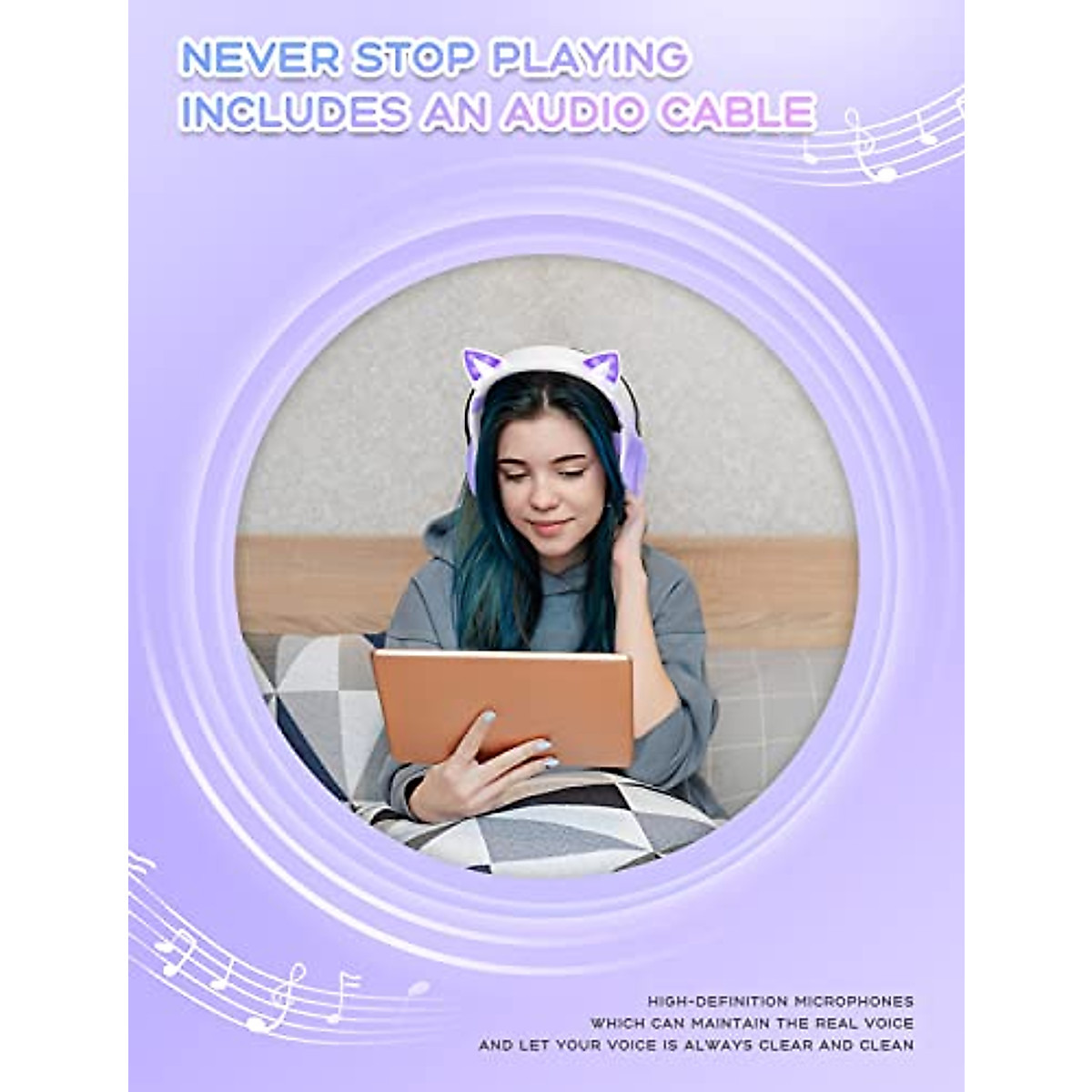 VuyKoo Bluetooth Headphones with Microphone/RGB LED Light Up, Cat Ear Wireless Headphones, Stereo Gaming Headset for Cellphone/PC/Laptop/Tablet/TV Kids Girls & Boys Teens/Birthday Gift (Purple)