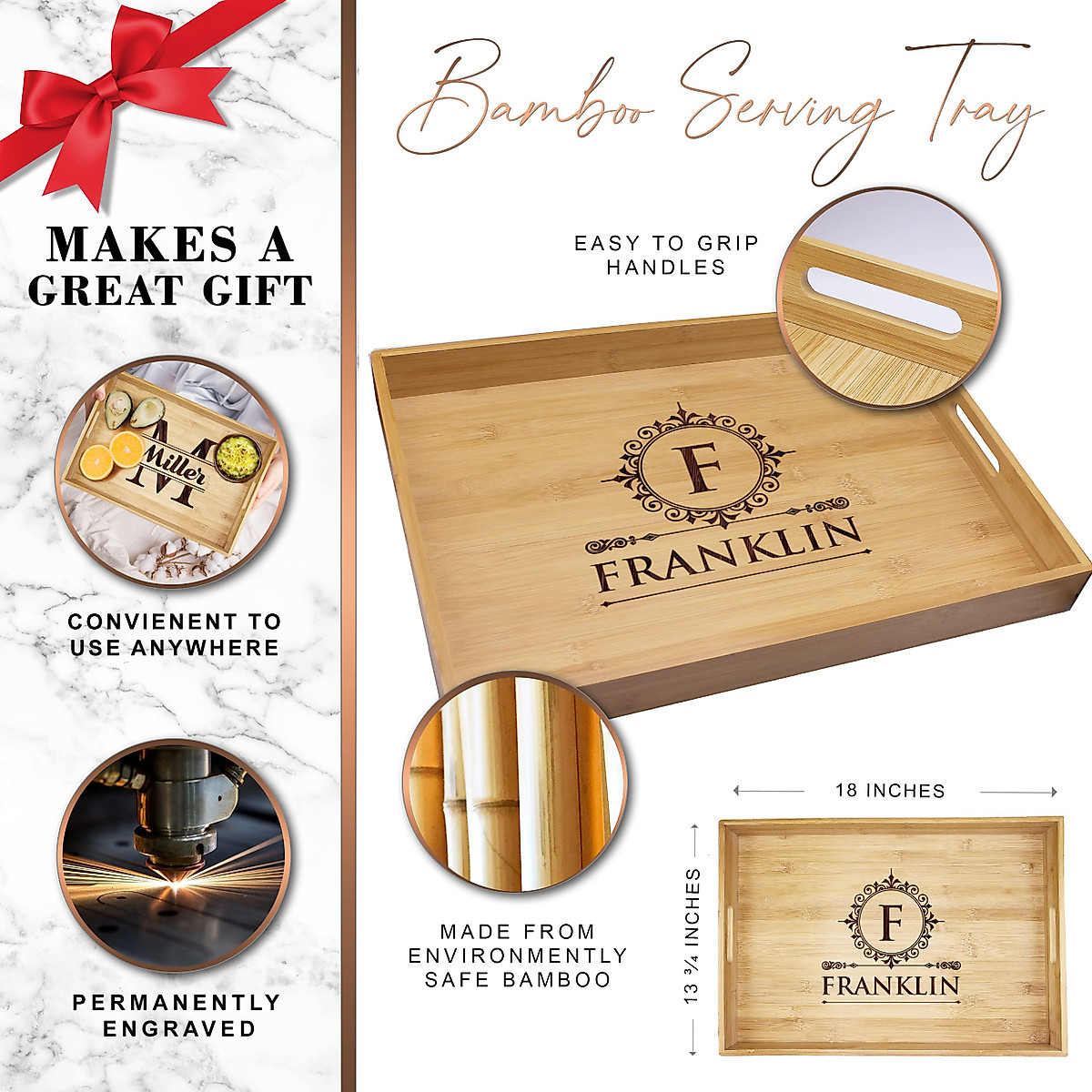 Premium Monogrammed Bamboo Wood Serving Tray with Handles - Personalized and Custom Engraved for Free