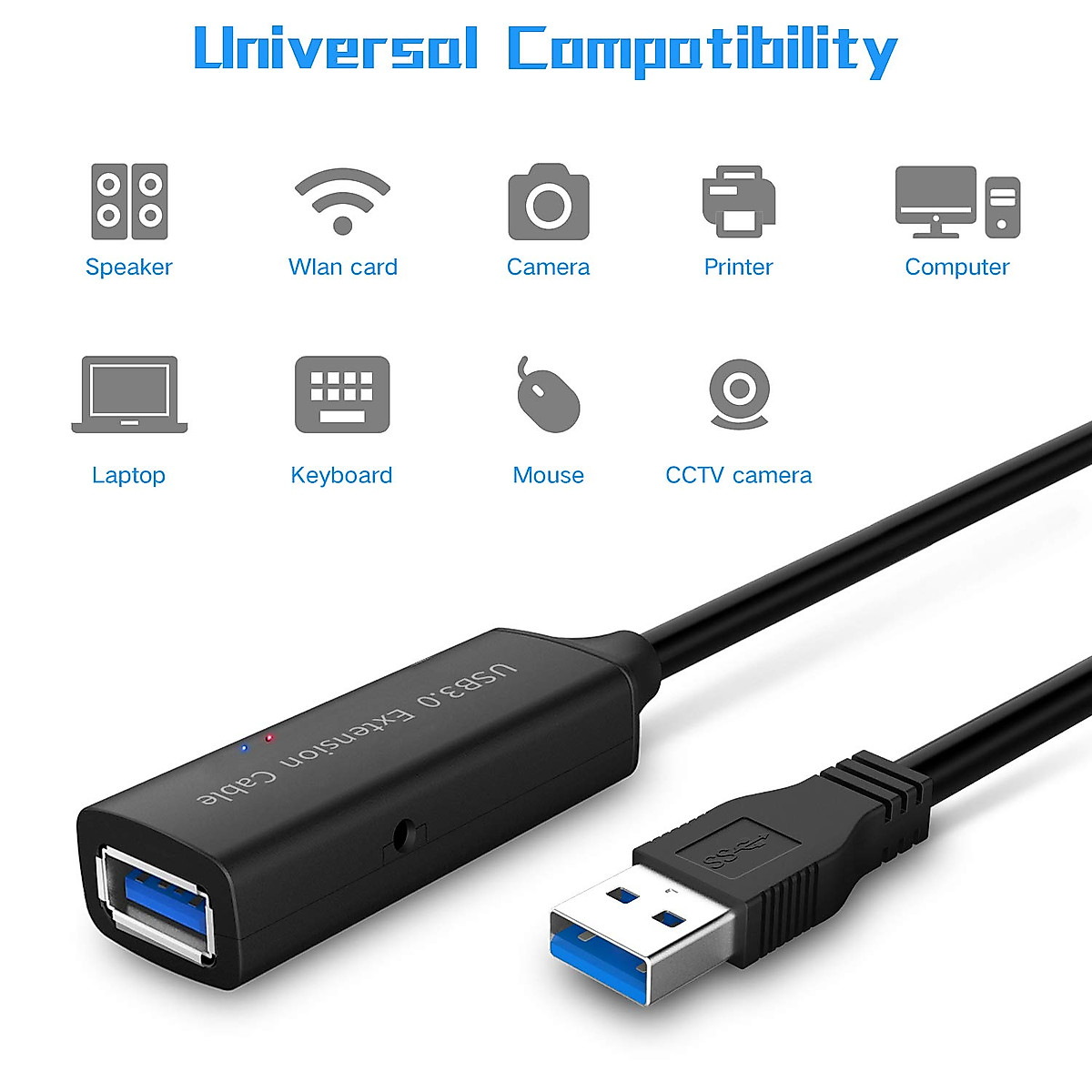 RSHTECH USB 3.0 Active Extension Cable 32 Feet with 5V 2A Power Adapter, USB 3.0 Extender Male to Female Cord with Built-in Signal Booster Chips for Xbox, PS4, USB Printer, Mouse, Keyboard, etc