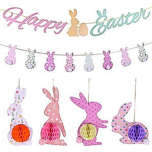 Happy Easter Bunny Paper Banner Easter Bunny Pattern Sign, Bunnny Honeycomb Ball Hanging Ornament, Perfect for Spring Easter Party Decoration Supplies Easter Home Indoor Hanging Decor