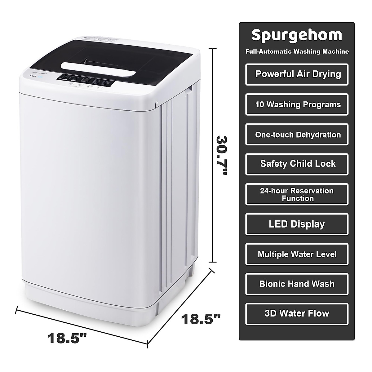 Spurgehom Portable Washing Machine, 15.6 lbs Full Automatic Washing Machine Built- in Pump Drain, washer and dryer combo with LED Display, 10 Cycles, 8 Water Level, Laundry Machine for Apartment, Rv