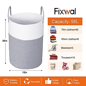 Fixwal 72L Laundry Basket, 16 x 22inches Large Laundry Hamper Tall Cotton Rope Woven Decorative Storage for Living Room, Toys, Towels, Clothes Baby Nursery Bin, (Grey/White)