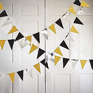 Decor365 Gold Black Silver Vingage Triangle Flag Banner for Graduation Party Decorations Hanging Flag Decoration for Wedding/Birthday/Anniversary/Xmas Dance Prom Party Decor