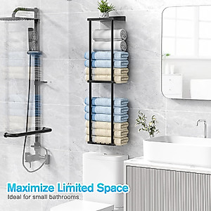 Liuoud Towel Rack for Bathroom, Wall Mounted Bath Towel Holder Storage Organizer for Rolled Towels, Vertical Towel Rack with Shelf Can Holds Up 6 Large Bath Towel, Black