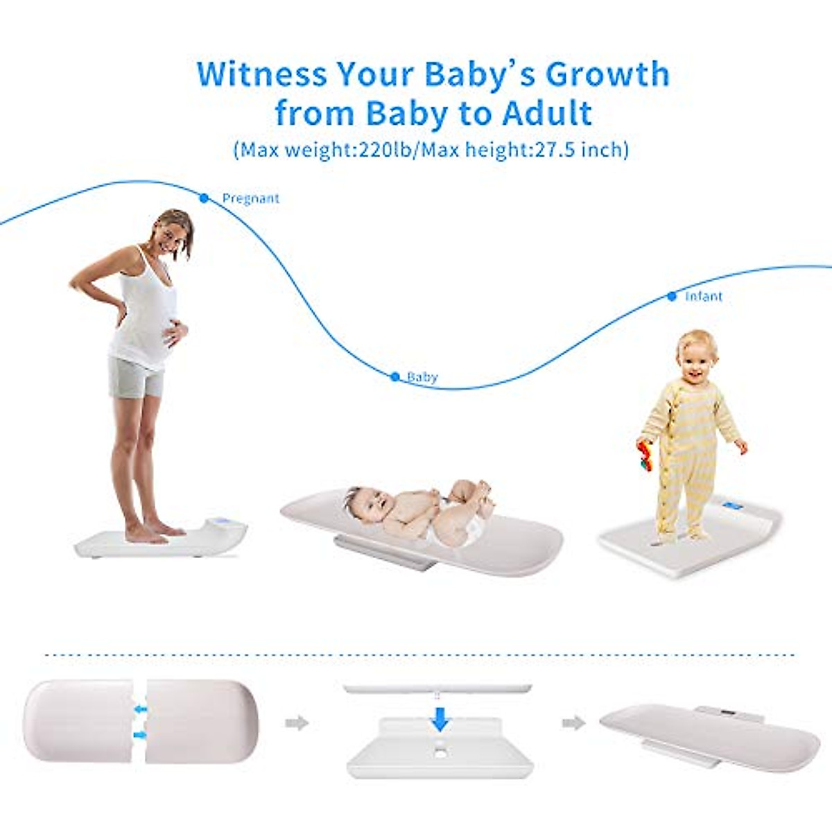 KAZETEC Baby Scale, Pet Scale, Multi-Function Digital Scale Measure Toddler/Adult/Puppy/Cat/Dog Weight(Max:220LBS) and Height(Max:70CM) Accurately, Precision at ± 10g, KG/LB/OZ, Blue Backlight