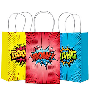 sunny seat Superhero Party Goodies Bags Kraft Paper Gifts Bags with handle 12 Pack Party Favors for Kids Boom Hero Theme Birthday Baby Shower Party Supplies Return Gifts Decor