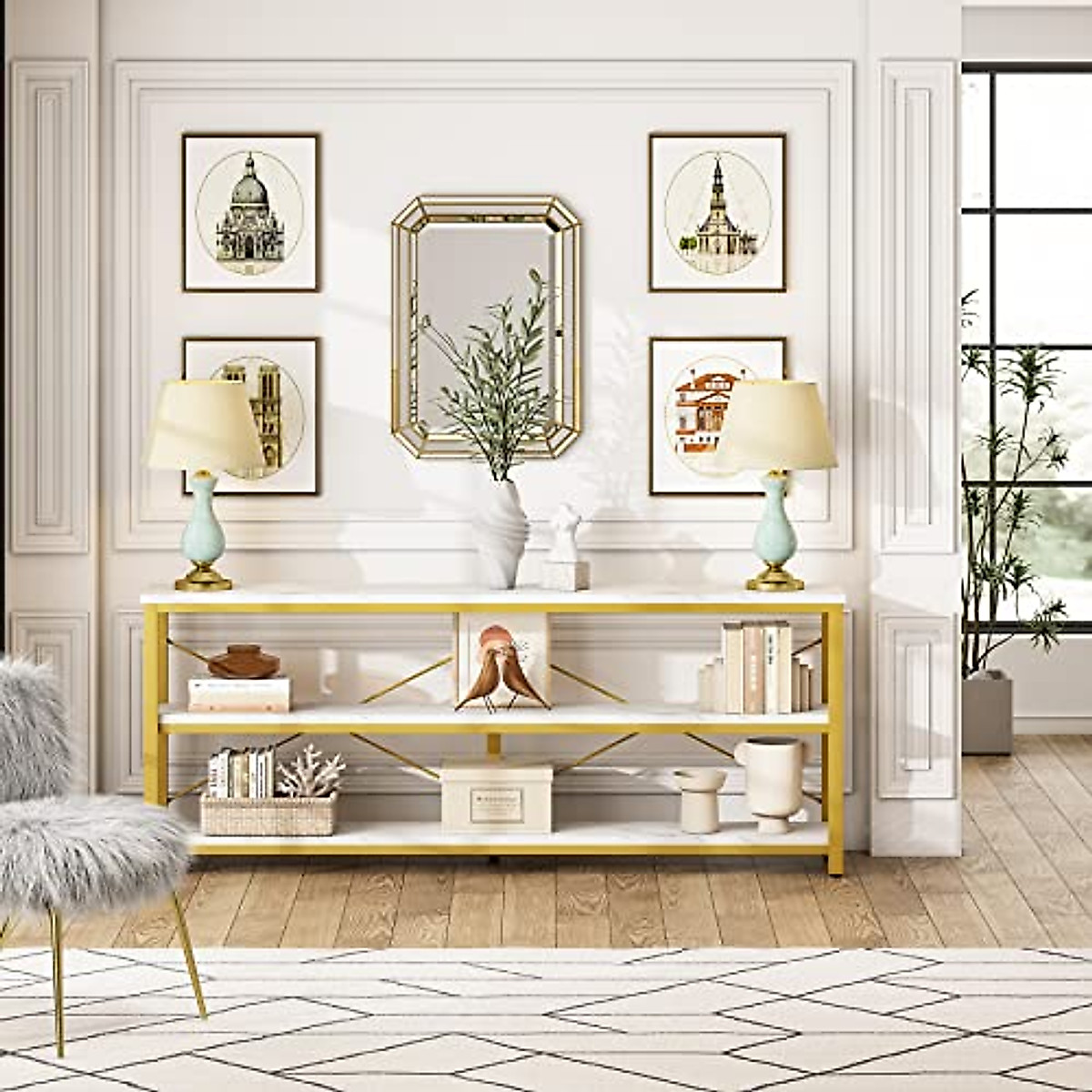 LITTLE TREE 70'' Narrow Long Sofa Console Table with 3-Tier Storage Shelf for Living Room, Faux Marble White & Gold