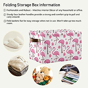 Kigai Flamingo Storage Basket Collapsible Rectangle Storage Bin Shelves Basket Organizer with Leather Handle for Closet, Office, Nursery, Home Decor