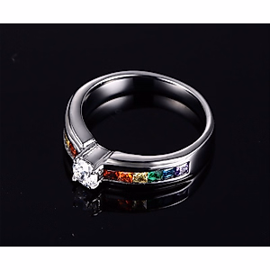 JAJAFOOK 316L Stainless Steel LGBT Gay& Lesbian Pride Rainbow CZ Cubic Zirconia Wedding Engagement Rings