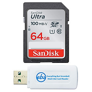 SanDisk 64GB Ultra SD Memory Card for Nikon Coolpix L340, B500, A10, L32, S7000, A300, P900, Camera UHS-I Class 10 (SDSDUNR-064G-GN6IN) Bundle with Everything But Stromboli Memory Card Reader