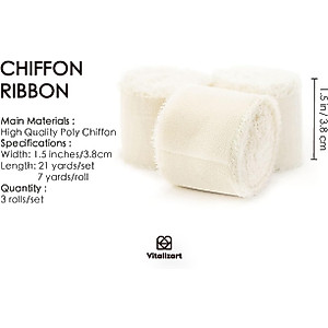 Vitalizart 3 Rolls Handmade Fringe Chiffon Silk Ribbon 1.5" x 7Yd Cream White Ribbons Set for Wedding Invitations, Bridal Bouquets, Gifts Wrapping, DIY Crafts