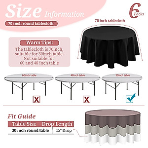 6 Pack Polyester Round Tablecloth 70 inch Black Table Cloths Water Resistant Polyester Cloth Round Tablecloths Washable Tablecloth for Party,Wedding Reception,Restaurant Banquet,BBQ,Dinner,Gift Table