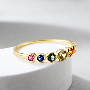 E Gold Ring for Women Rainbow Eternity Jewelry Rings Band Colorful Round Cubic Zirconia CZ Wedding Rings Dainty 14K Gold Rings for Women (round cz,6)