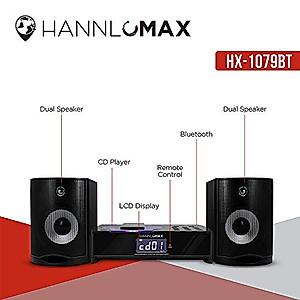HANNLOMAX HX-1079BT CD Music System, CD Player, PLL FM Radio, Digital Alarm Clock, Bluetooth, Hi-Fi Sound Quality, LCD Display with Backlight, Remote Control Included