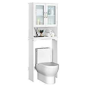 Topeakmart Over The Toilet Storage Cabinet with Adjustable Shelf and Double Tempered Glass Doors, Free Standing Toilet Rack with Open Storage Shelf, White