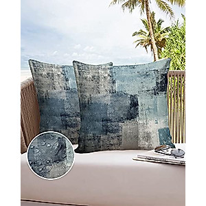 Waterproof Outdoor Throw Pillow Cover Blue and Gray Lumbar Pillowcases Set of 2 Modern Art Abstract Painting Decorative Patio Furniture Pillows for Couch Garden 18 x 18 Inches