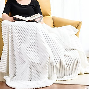 Vessia Flannel Fleece White Throw Blanket(50X70 Inch), Lightweight Couch White Blanket, Warm and Soft Stripe Bed Blanket, Cozy Comfy Microfiber Ribbed Sofa Blanket for All Season