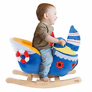 Happy Trails Boat Rocker Toy-Kids Ride On Soft Fabric Covered Wooden Rocking Ship-Neutral Design for Any Nursery-Fun for Toddler Boys and Girls