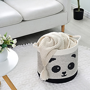 ART pinecone cotton rope basket oval woven storage basket, Cute Dog Toy Basket Cotton Basket Baby Nursery Hamper Shelf Decorative Bin,15"L x 10"W x 9"H (cute Panda, Black & White)