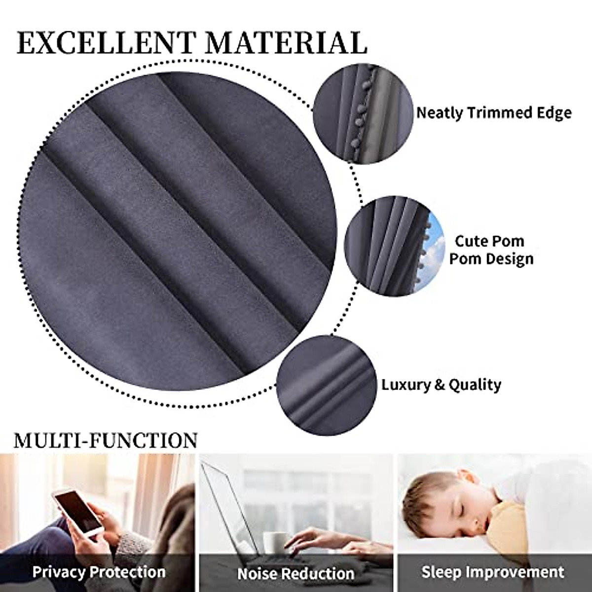 Haperlare Pom Pom Velvet Curtains 96 inches Long Heavy-Duty Room Darkening Velvet Drapes Thermal Insulated Home Decor Tasseled Window Treatment Set Panels for Living Room Bedroom, Grey, 2 Panels