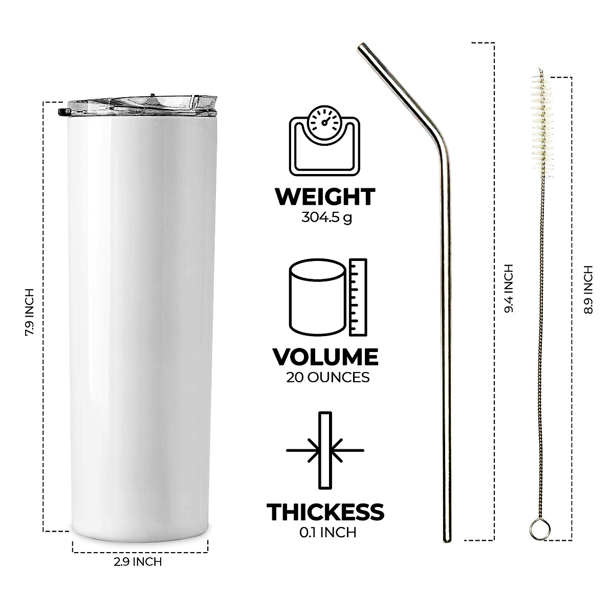 MODORATE Blank Sublimation Tumblers with Lids and Straws – 20 oz Straight Skinny Stainless Steel Tumbler with Shrink Wraps for DIY Sublimation – 4 Pcs Vacuum-Insulated White Tumblers