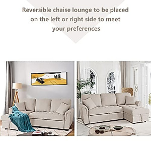 Aoowow Upholstered Sectional Sofa with Reversible Storage Chaise Lounge, Linen Fabric Pull Out Sofa Bed with 2 Throw Pillows, 86 Inch L-Shaped Couch, 3-Seat Sleeper Sofa for Living Room (Beige)