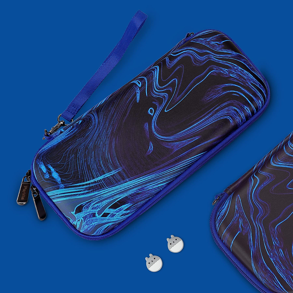 playvital Carrying Case for Nintendo Switch & Switch OLED, Portable Pouch Storage Handbag Travel Bag Protective Hard Case for Switch Console w/Thumb Grip Caps & 10 Game Card Slots - Blue Swirl