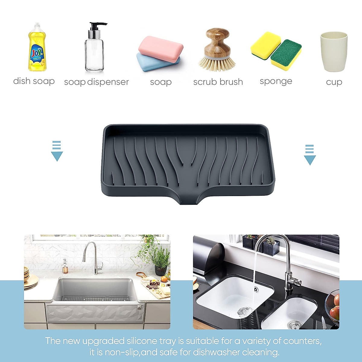 Kitchen Sink Tray,Self Draining Kitchen Soap Tray Soap Holder Silicone Sponge Holder for Kitchen Sink,Kitchen Bathroom Sink Caddy Sink Organizer for Sponge,Soap Dispenser,Dish Scrubber,Palm Brush