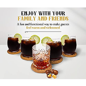 Coasterlux Cork Coasters for Drinks Absorbent with Holder - Cute & Funny Set of 8 Large Round Outdoor Cup Coasters for Wooden Table Protection, Coffee Trivet, Cups and Mugs - Cool Drink Coaster Gift