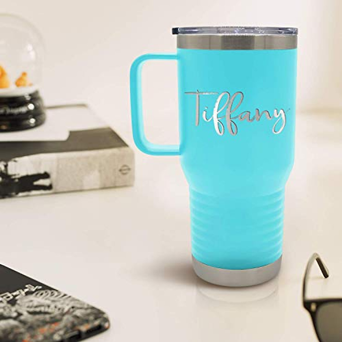 Personalized Travel Mug with Handle and Name Lite Blue Matte Finish Custom Laser Engraved 20 oz Stainless Steel Vacuum Insulated Coffee Cup with Lid