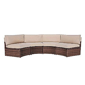 SUNSITT 4-Piece Outdoor Half-Moon Sectional Wicker Sofa Set Patio Furniture, Brown PE Rattan and Beige Cushions