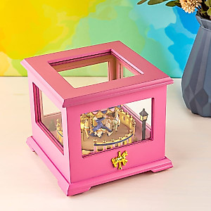 Wooden Carousel Horse Music Box Gift, Wind Up Musical Box Gift for Wife Daughter Women Sister Pink Merry Go Round Valentine Day Christmas Birthday Plays Castle in The Sky