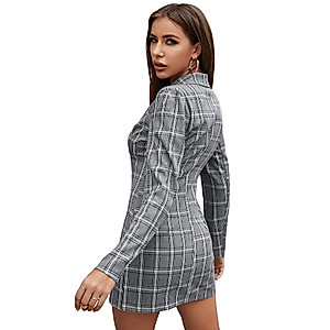 SweatyRocks Women's Casual Puff Sleeve Lapel Button Front Plaid Blazer Dress Grey L