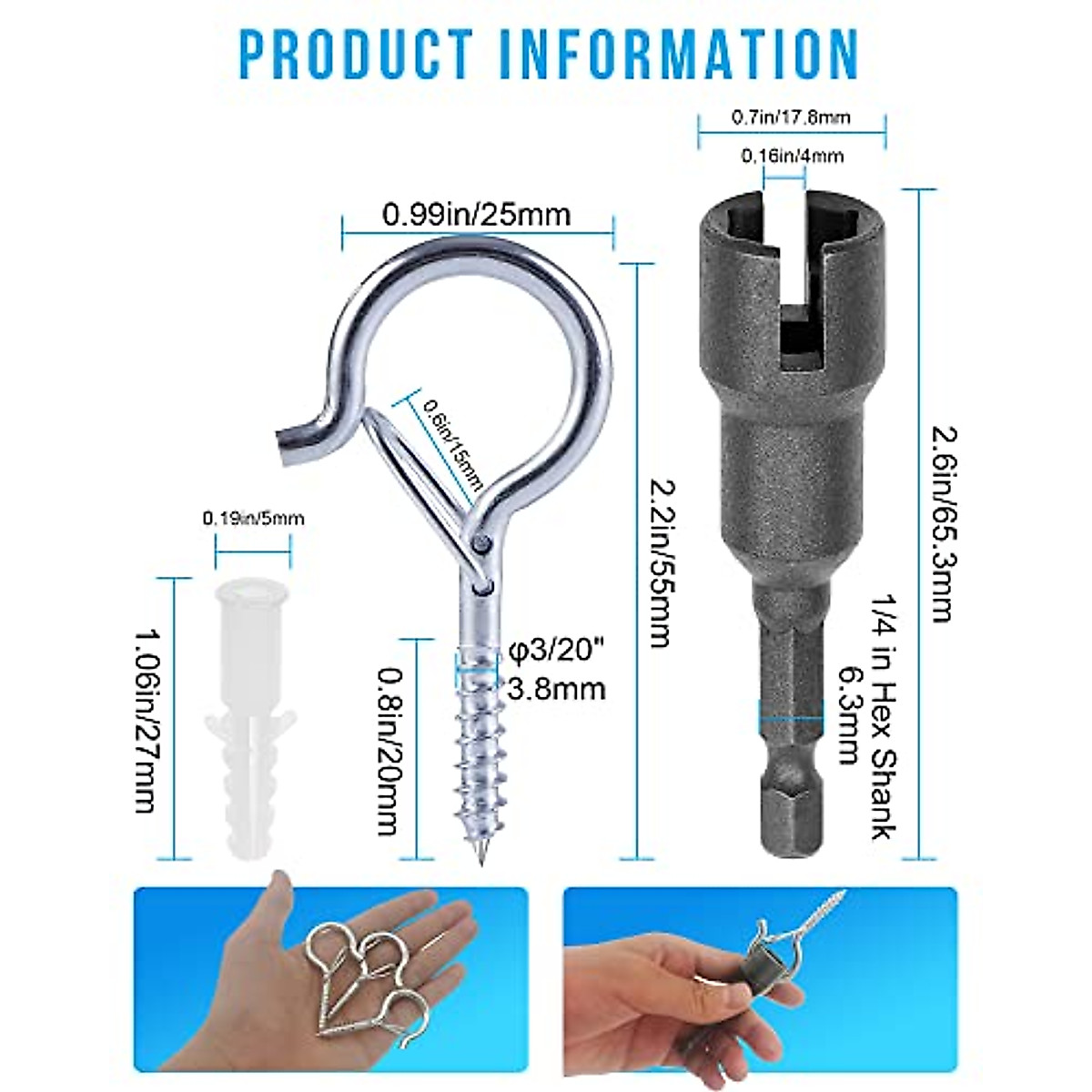 EVISTTER 30 Pack String Light Hooks Outdoor Silver,2.2In Screw-in Hooks for Outdoor String Lights,Q Hanger Hooks Outdoor for Decoration Hanging