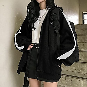 Zip Up Hoodie Women Casual Oversized Basic Hoodies Y2k Streetwear Baggy Sweatshirts Soft Jacket Teen Girls Gothic Clothing J Black