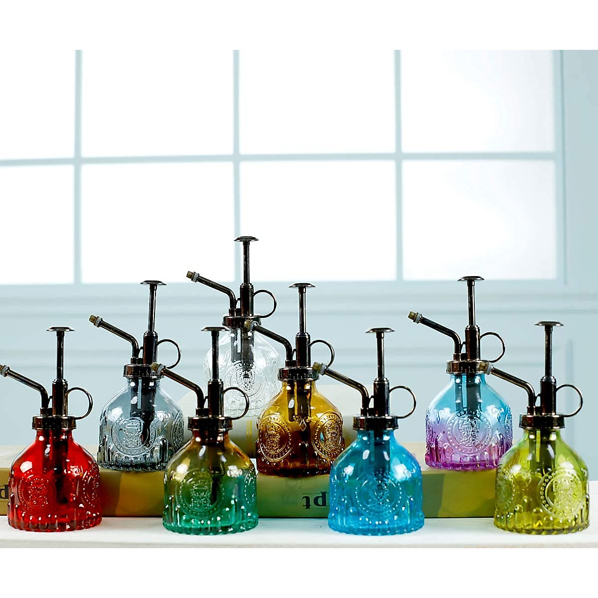 Hniuyun Glass Plant Mister Spray Bottle, 6.4 All Vintage Plant Spritzer Watering Can, Bronze Plastic Top Pump, Plant Mister Glass Watering Garden Tool (Yellow Green Gradient)